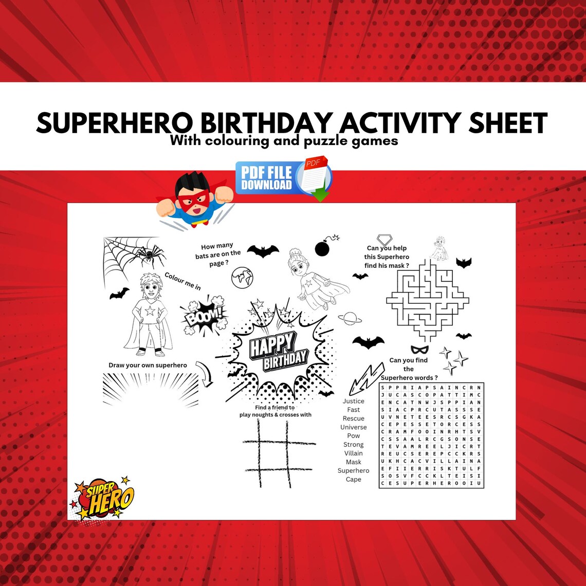 Superhero Activity Sheet, Superhero Party Favour, Superhero Coloring ...
