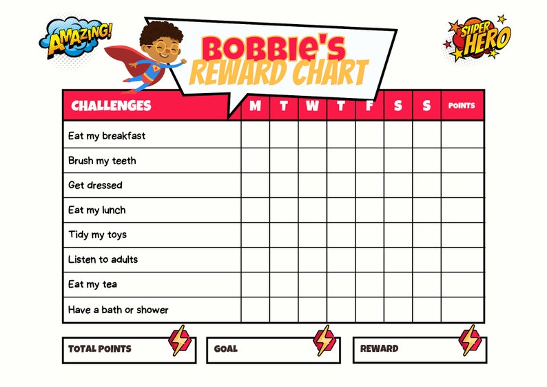 Personalised Superhero Reward Chart, Kids Printable Behaviour Reward ...