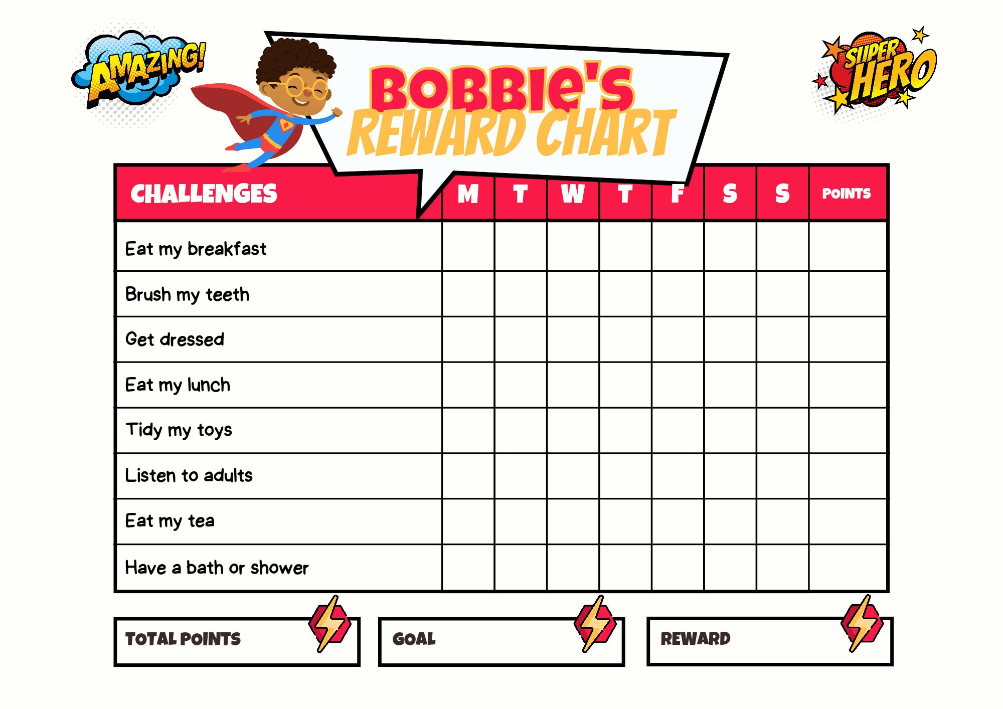 Personalised Superhero Chore Chart, Kids Printable Behaviour Reward ...
