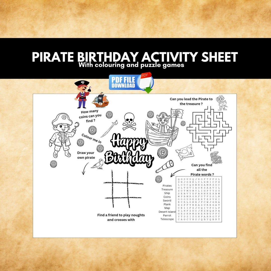 Pirates Birthday Party Activity Sheet, Printable Pirate Activity Games ...