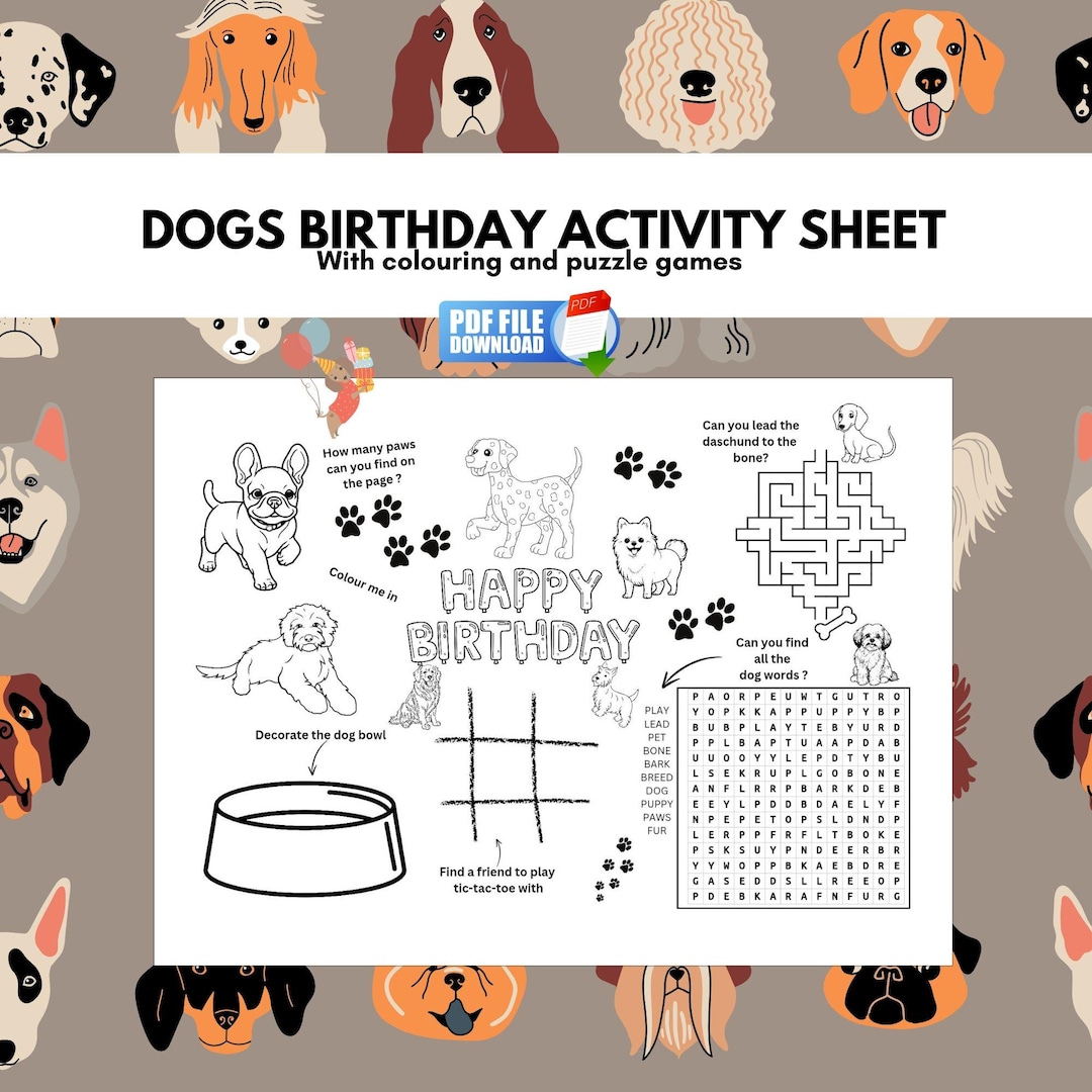 Dogs Birthday Activity Sheet for Kids PDF, Dog Coloring Printable ...