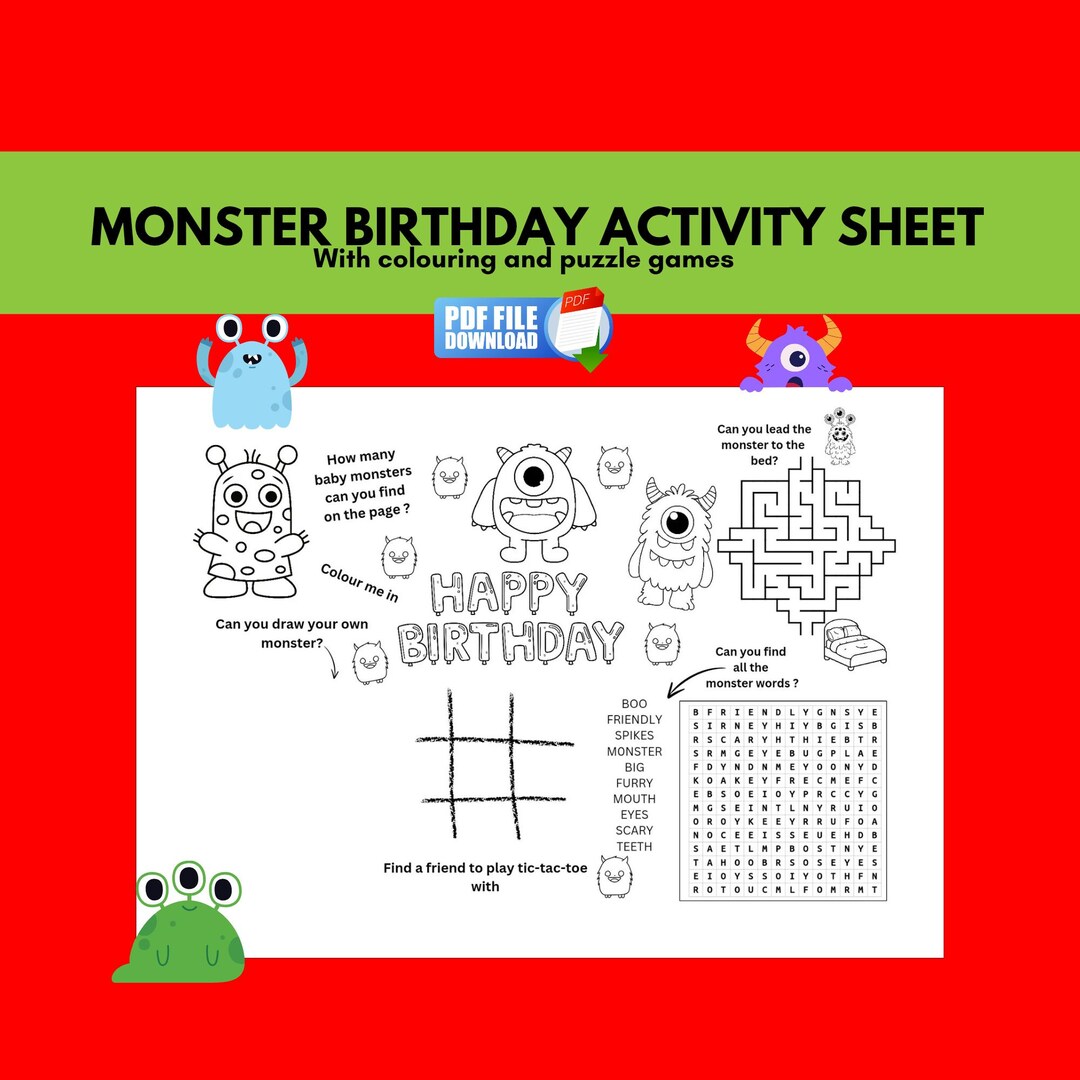 Monster Birthday Activity Printable Placemat, Monsters Coloring Page ...