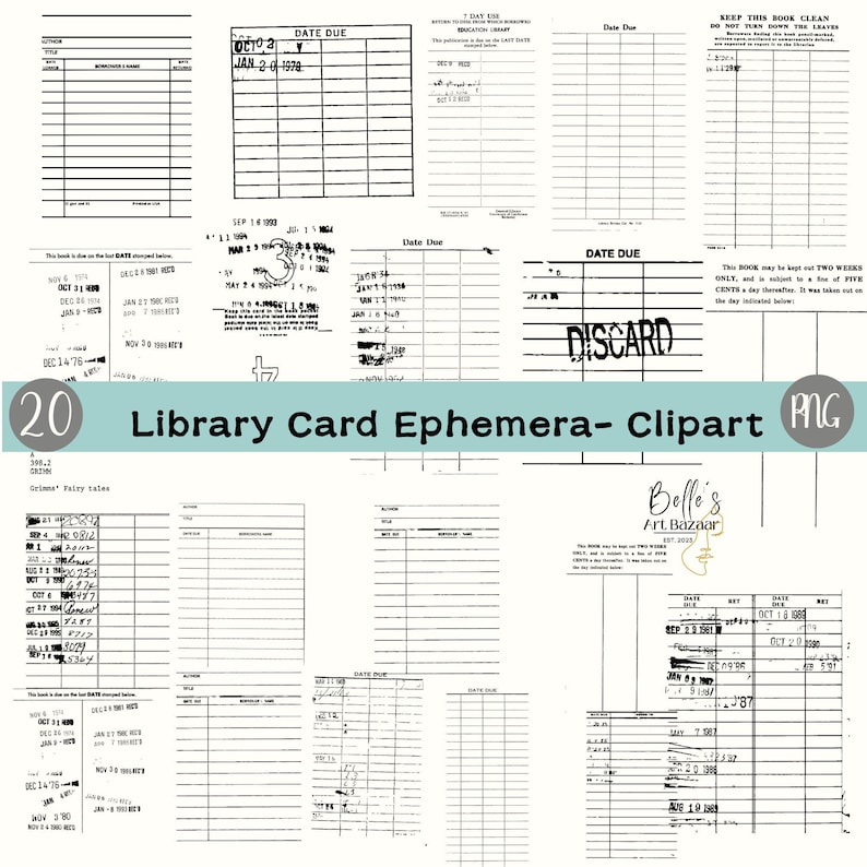 20 Vintage Library Cards PNG SVG, Bookmark, Ephemera, Light Academia ...