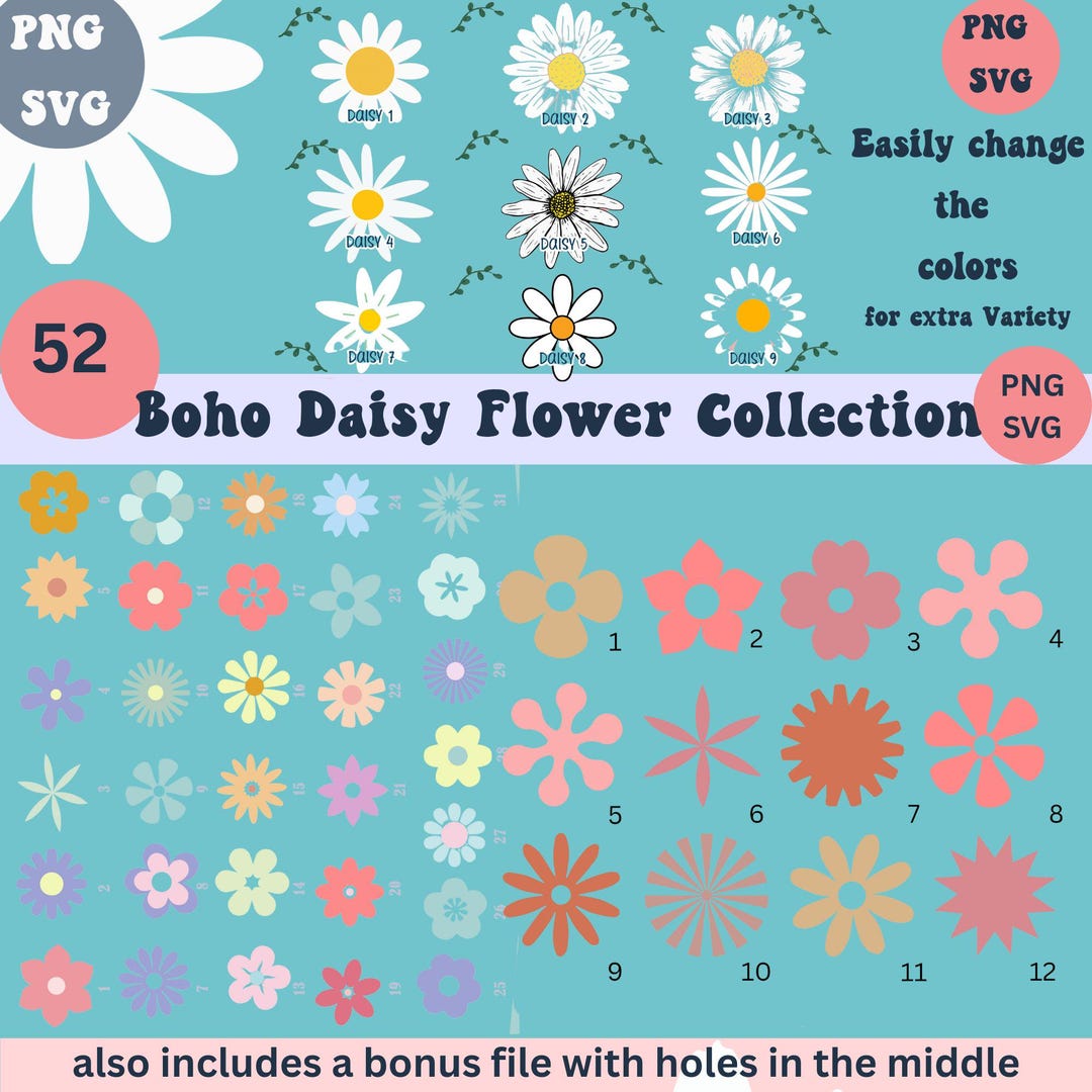 52 Retro Flowers Png Svg,flower Clipart, Daisy Cut File,boho Flower ...