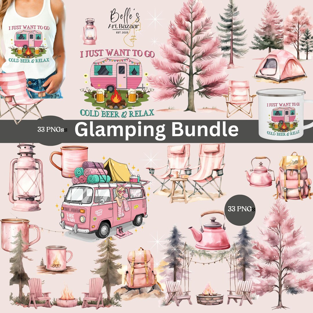 Pink Glamping Camping Clipart,33 Pngs,retro Watercolor,clip Art Bundle ...