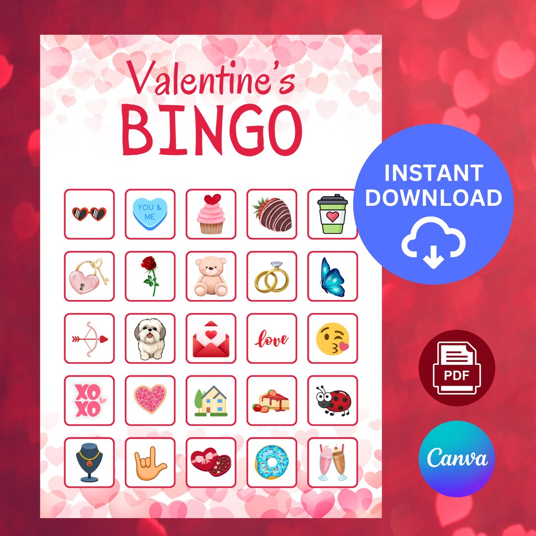 Valentine's Bingo - Valentine's Game - Valentine's Printable Game ...