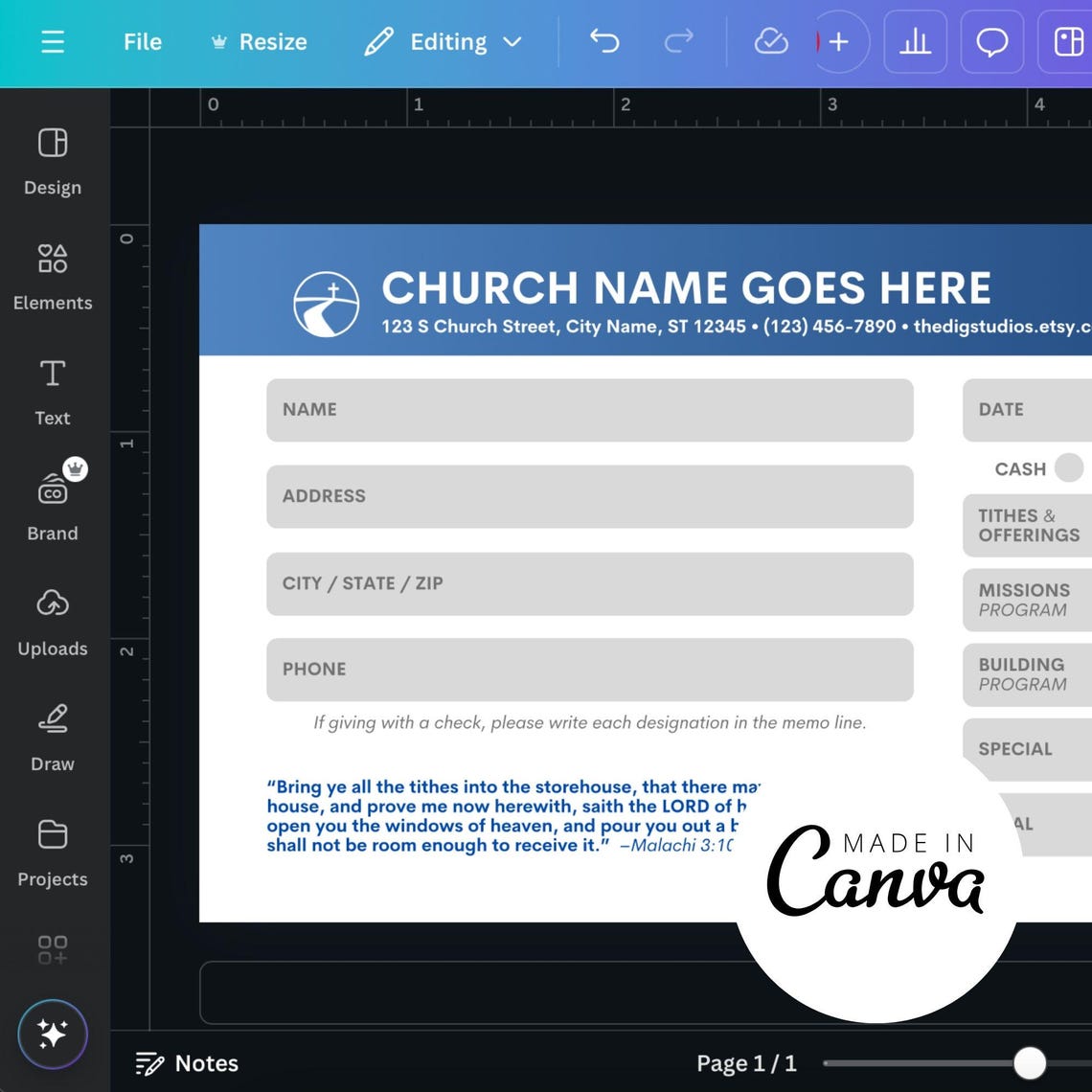 Church Offering Envelope Canva Template - Tithing Envelope - Giving ...
