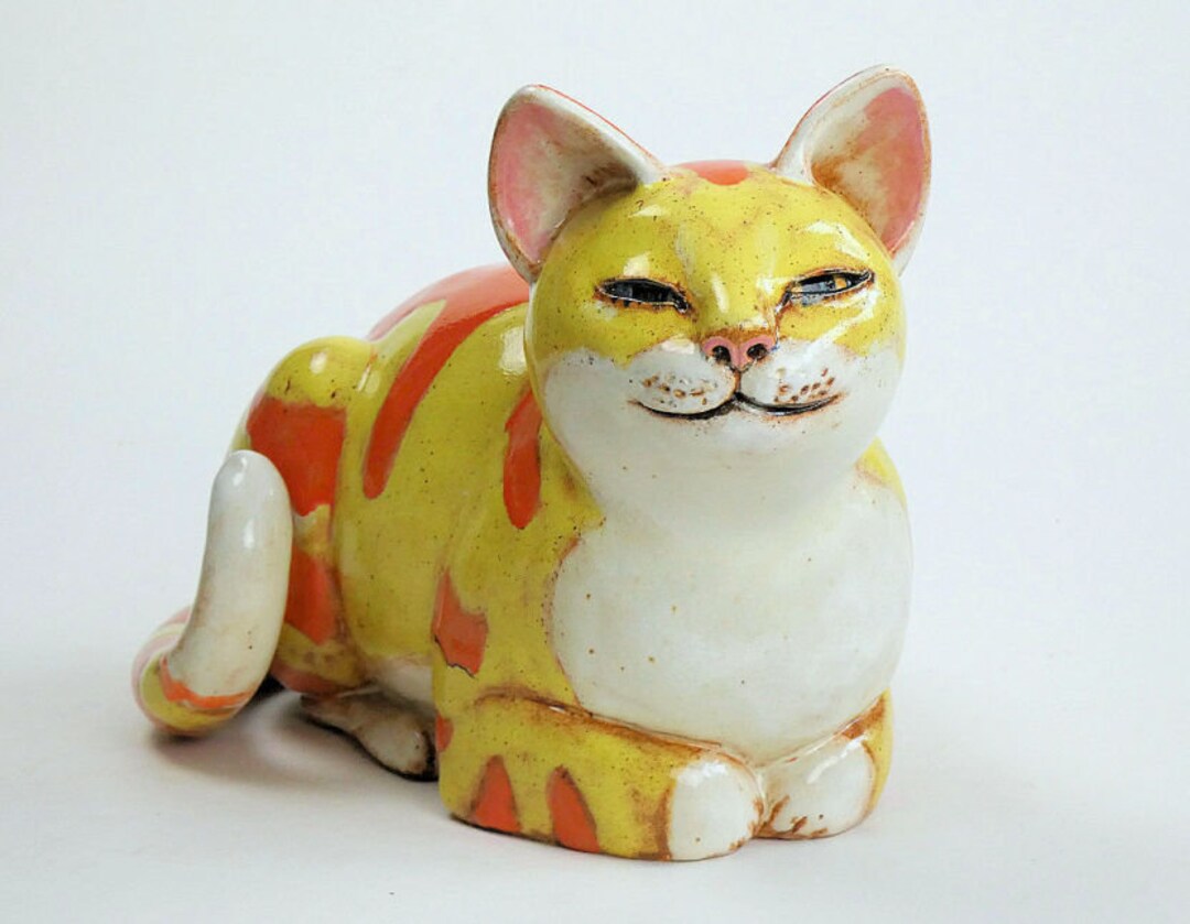 Contented Kneeling Cat Handmade Ceramic Unique Large Lying Cat sophie ...
