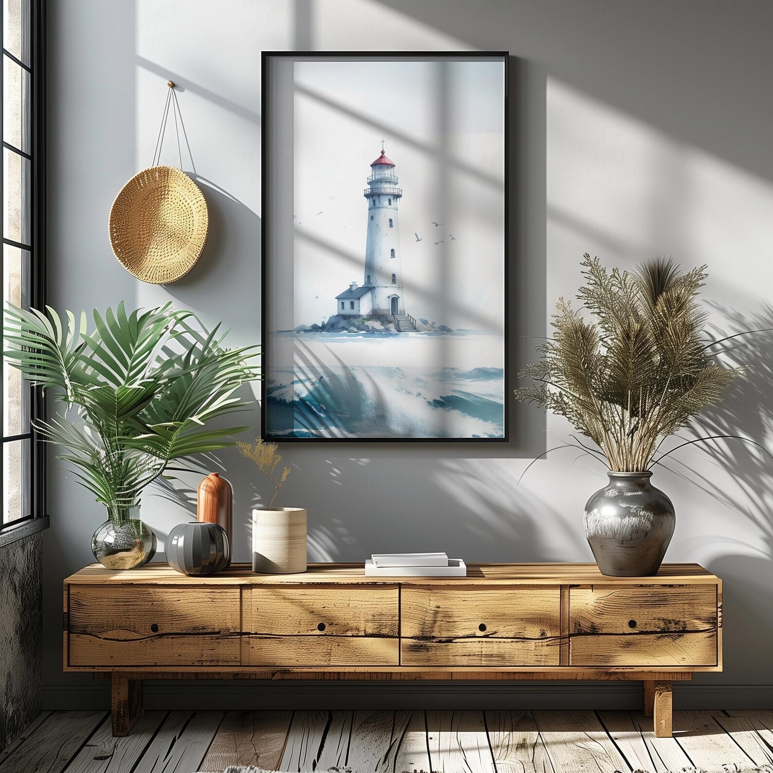 Minimalist Lighthouse Ocean Watercolor, Coastal Decor Artistic Print ...