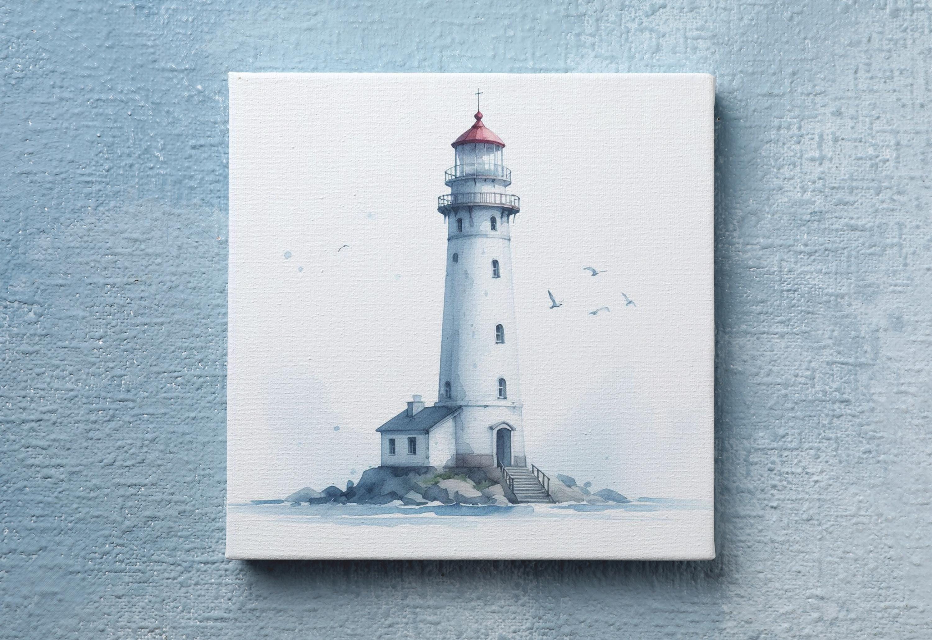 Minimalist Lighthouse Ocean Watercolor, Coastal Decor Artistic Print ...