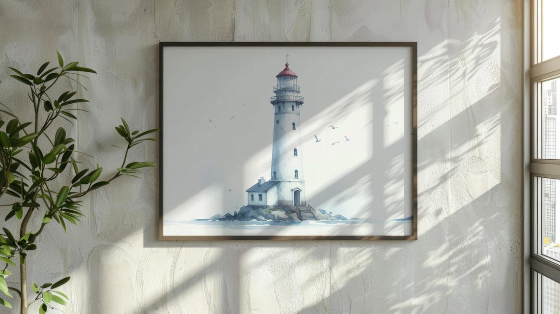 Minimalist Lighthouse Ocean Watercolor, Coastal Decor Artistic Print ...
