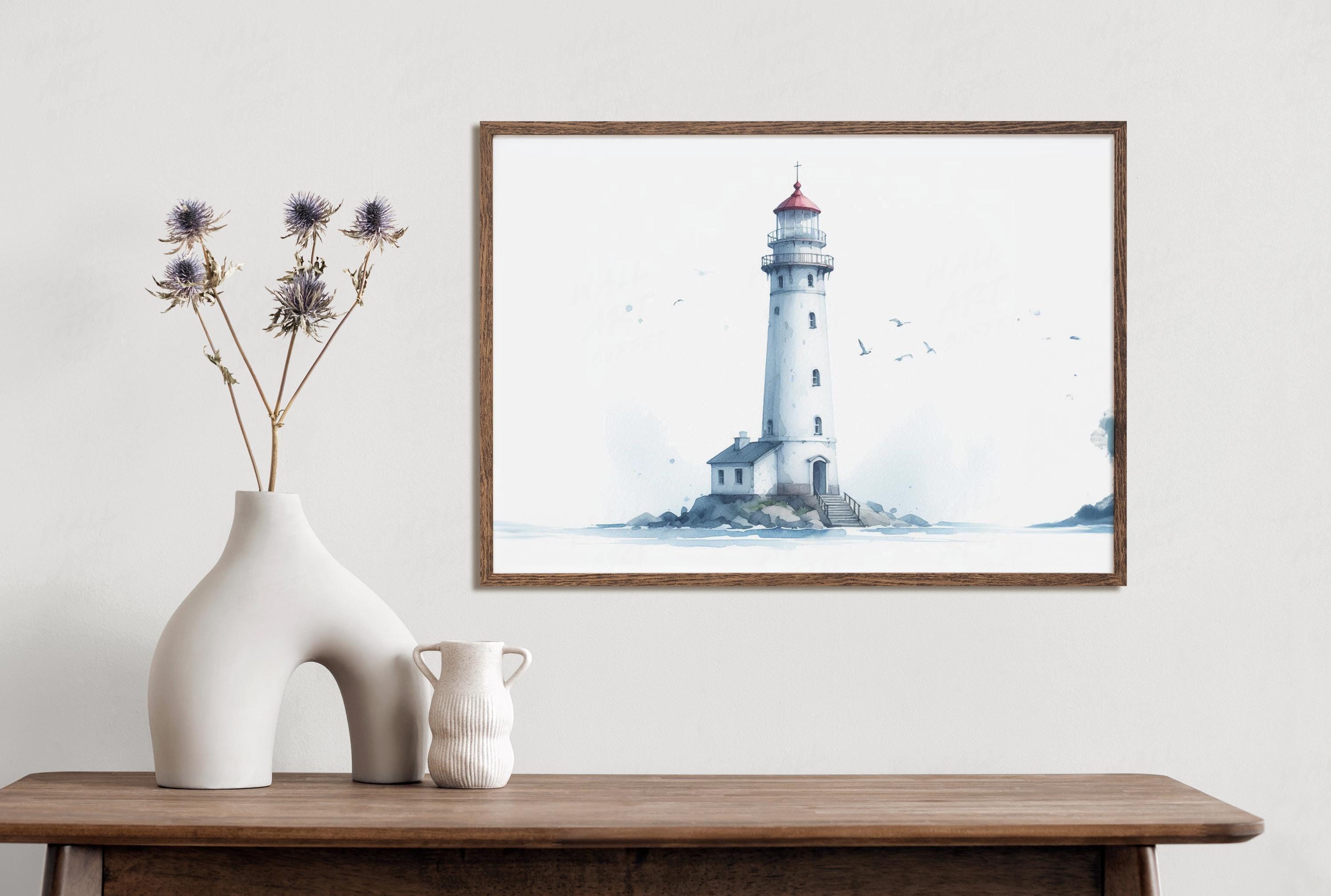 Minimalist Lighthouse Ocean Watercolor, Coastal Decor Artistic Print ...