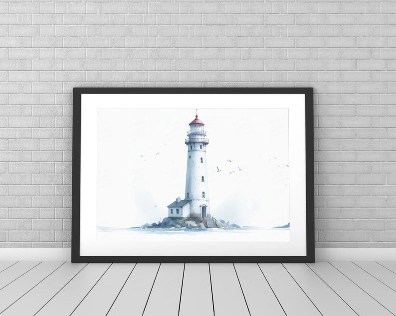 Minimalist Lighthouse Ocean Watercolor, Coastal Decor Artistic Print ...