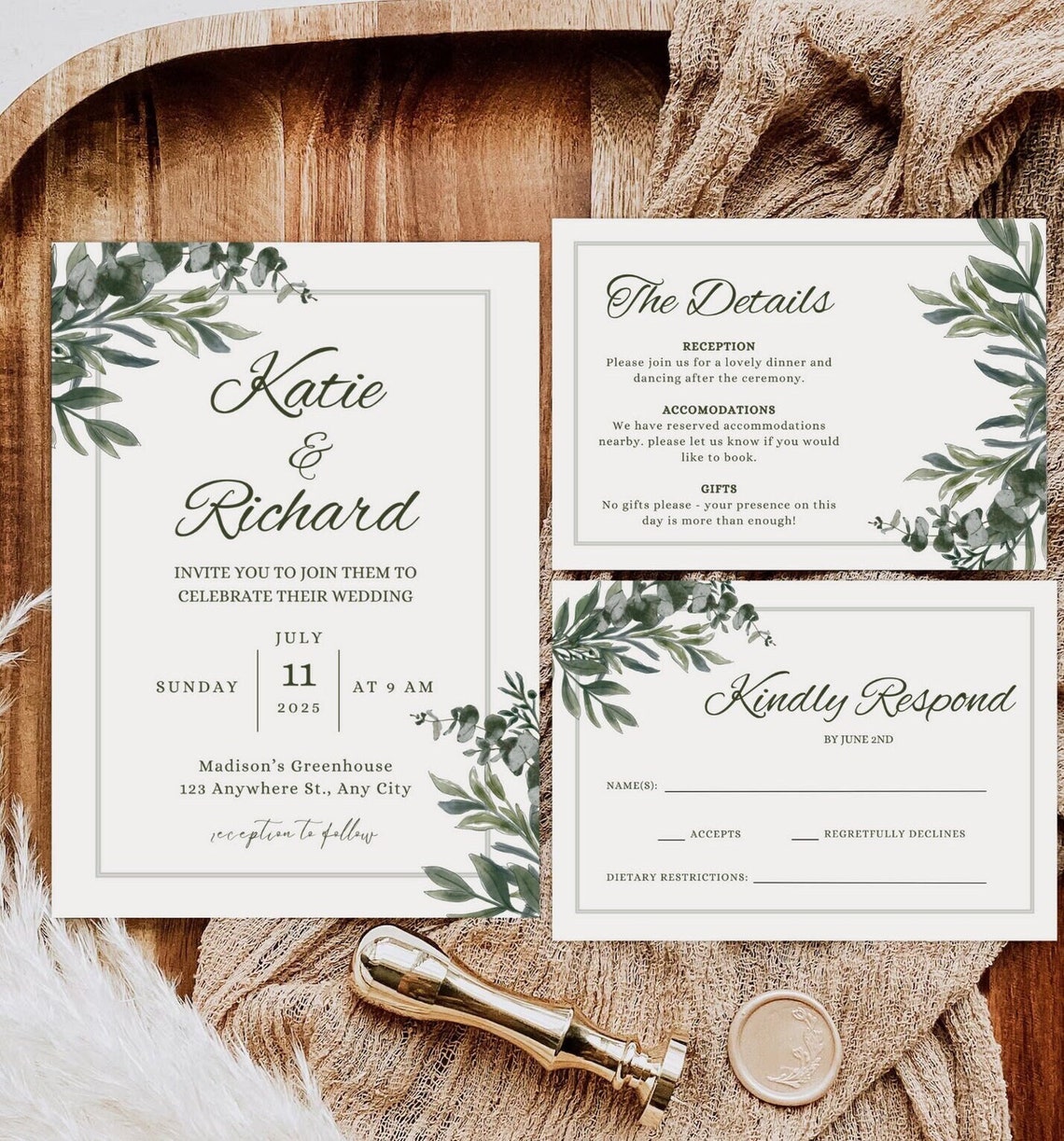 Greenery Wedding Invitation Suite Eucalyptus Leaves Digital Wedding ...