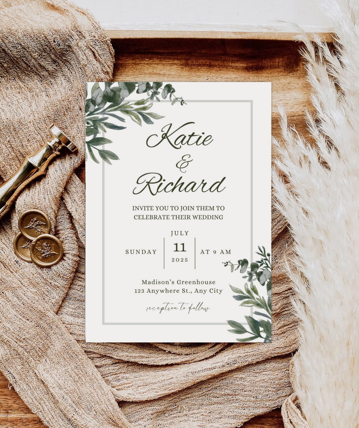 Greenery Wedding Invitation Suite Eucalyptus Leaves Digital Wedding ...
