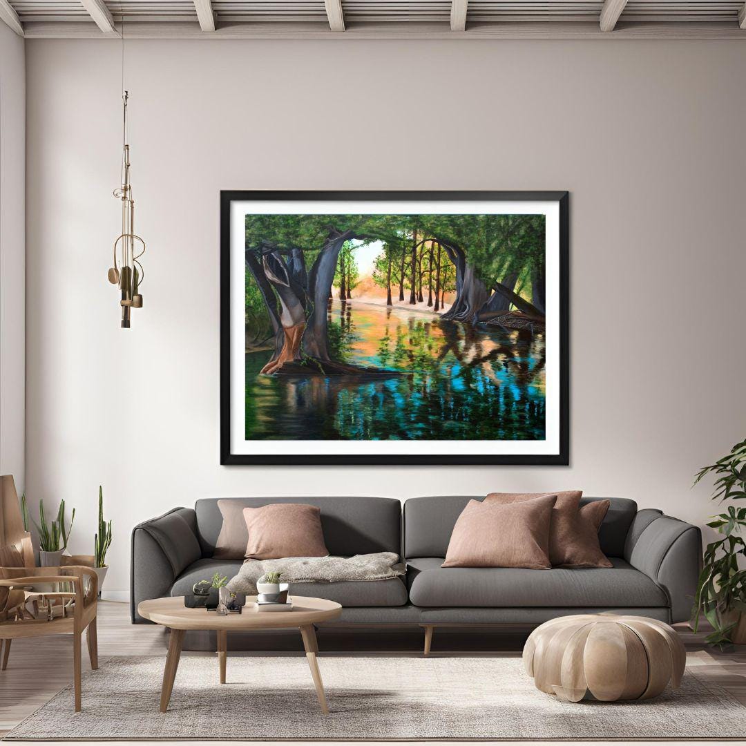 River Art Print, Landscape Art, Hand Painted, River, Cypress Trees ...