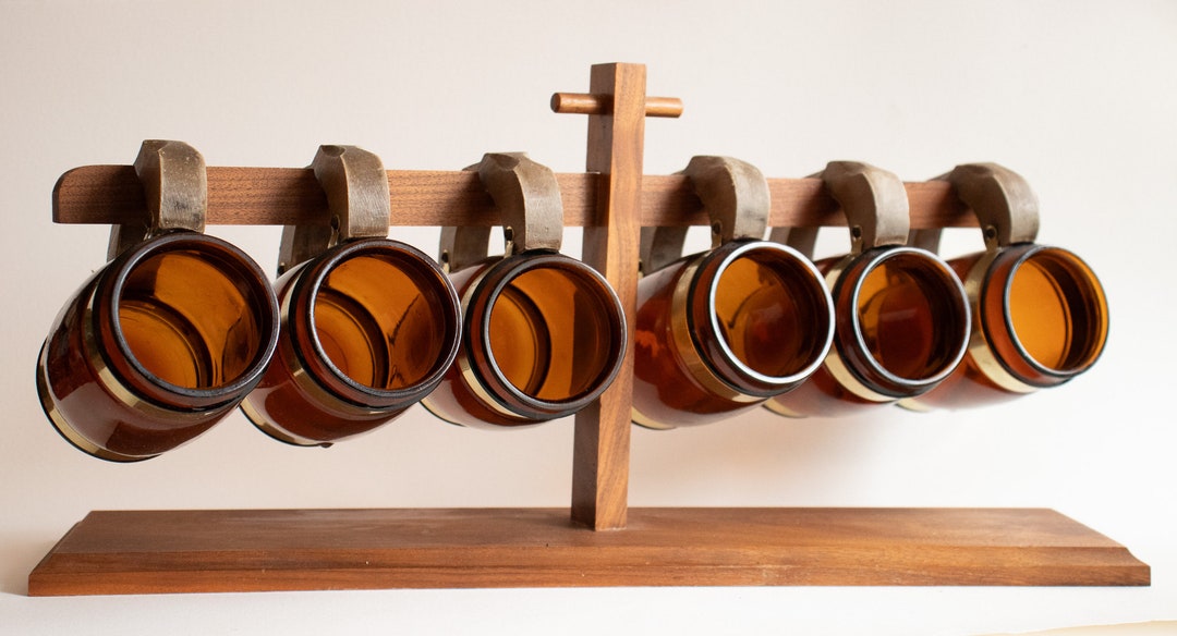 Vintage Siestaware Barrel Mugs Set of 6 With Wooden Display Rack Amber ...