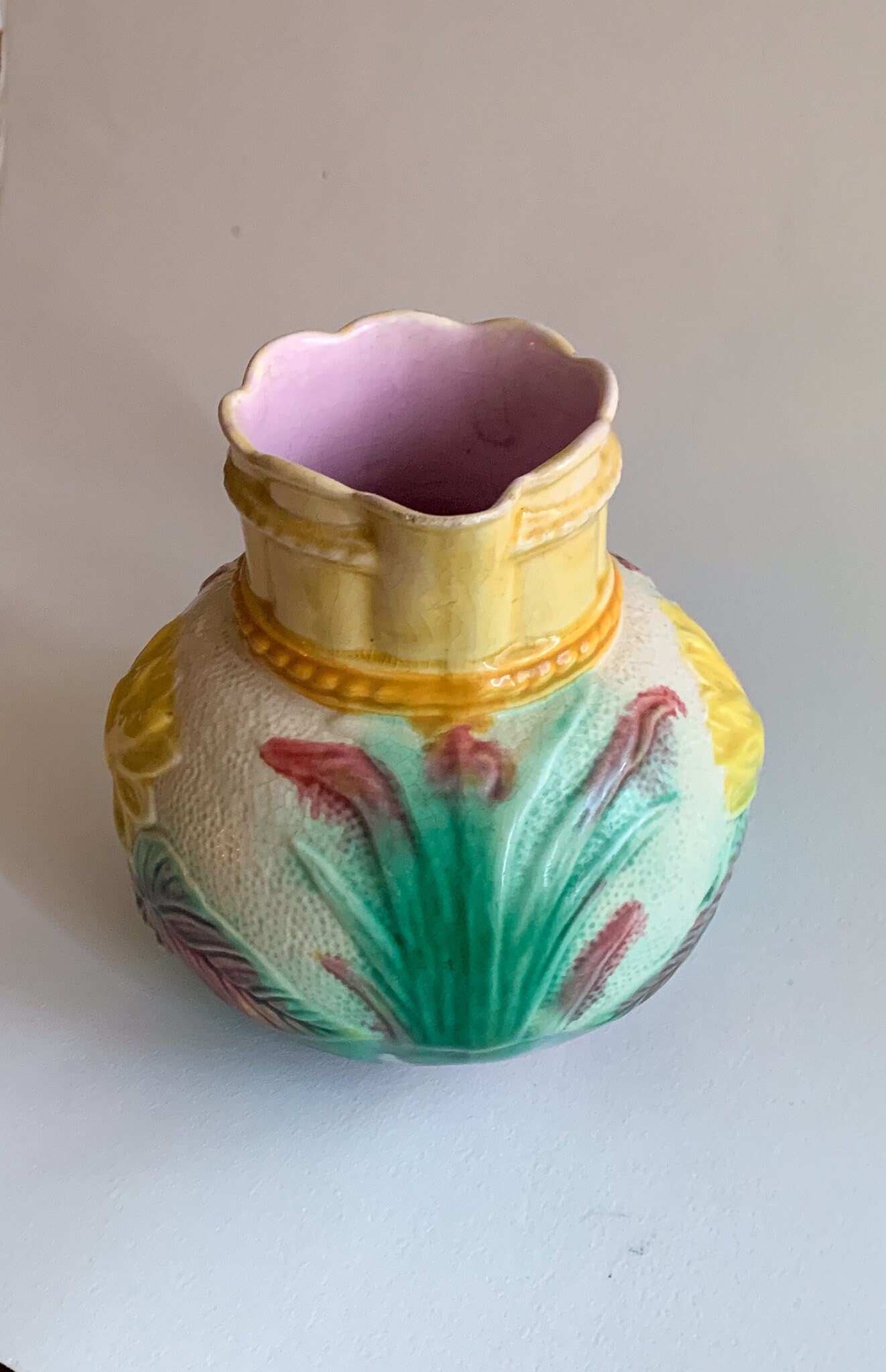 Antique Majolica Lotus Pond Flower and Rope Design Pitcher, Barbotine ...