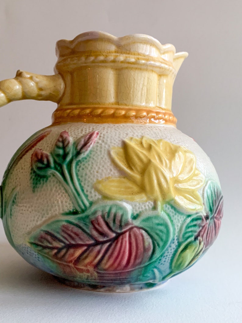 Antique Majolica Lotus Pond Flower and Rope Design Pitcher, Barbotine ...