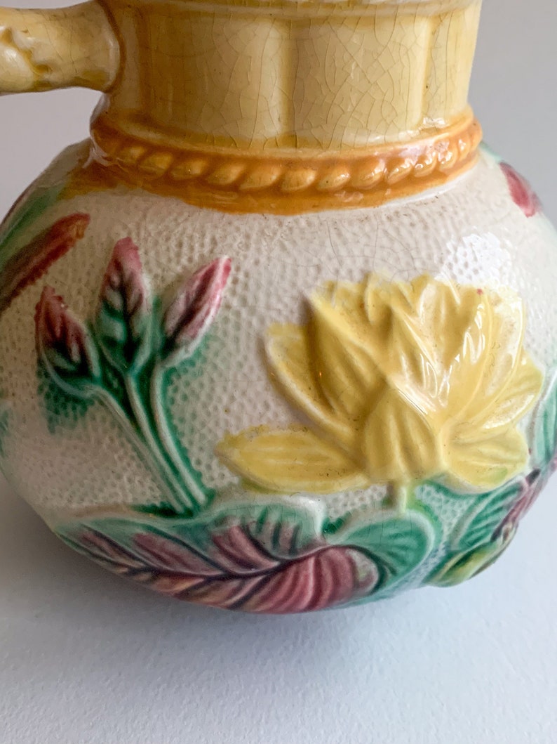 Antique Majolica Lotus Pond Flower and Rope Design Pitcher, Barbotine ...