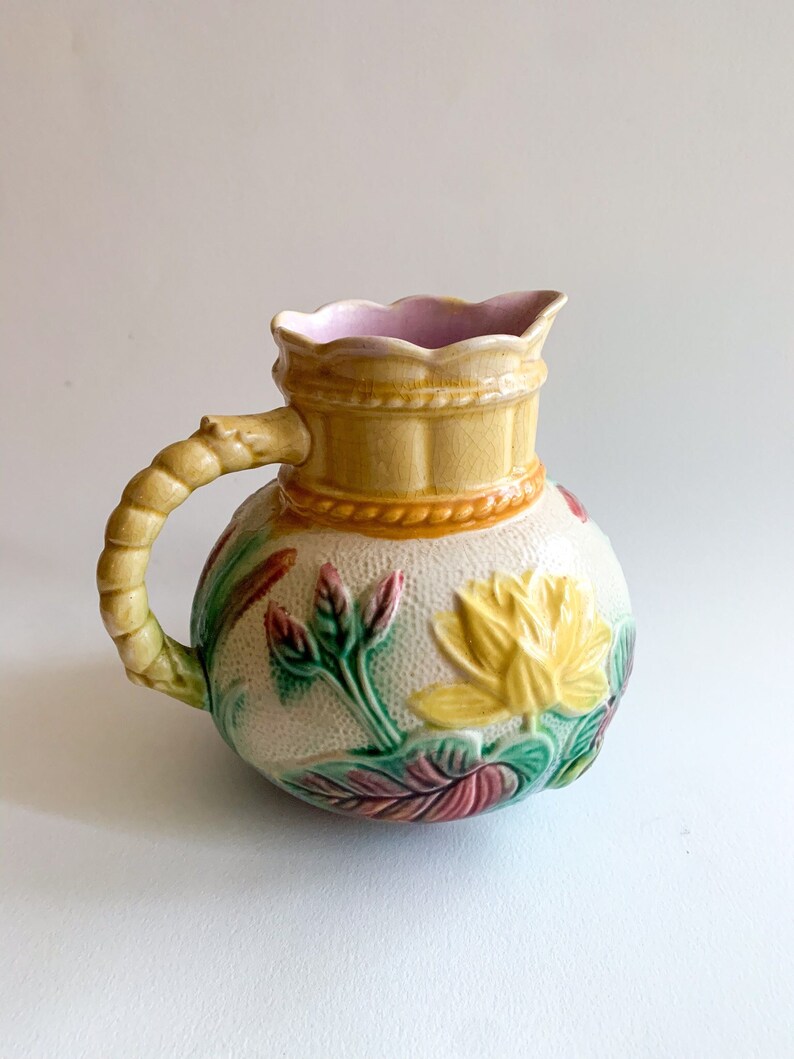 Antique Majolica Lotus Pond Flower and Rope Design Pitcher, Barbotine ...