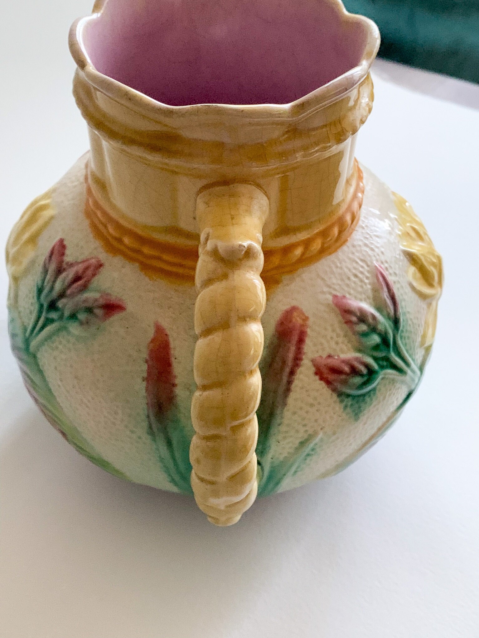 Antique Majolica Lotus Pond Flower and Rope Design Pitcher, Barbotine ...