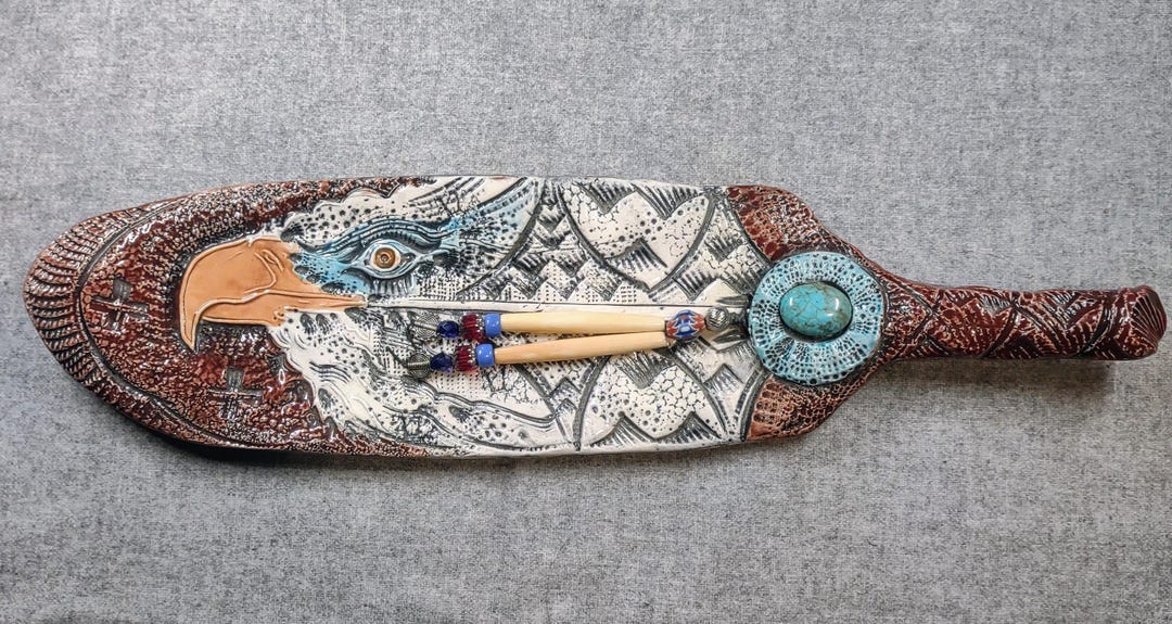 Native American Ceramic Feather With Eagle, Turquoise and Beads - Etsy