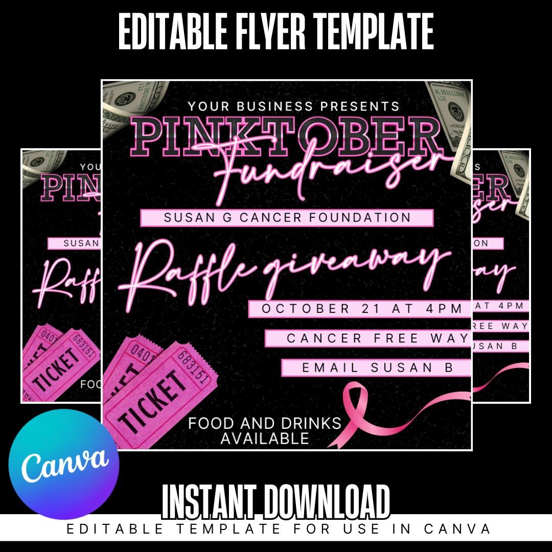 Pinktober Breast Cancer Fundraiser Flyer Template (DIY, Instant ...