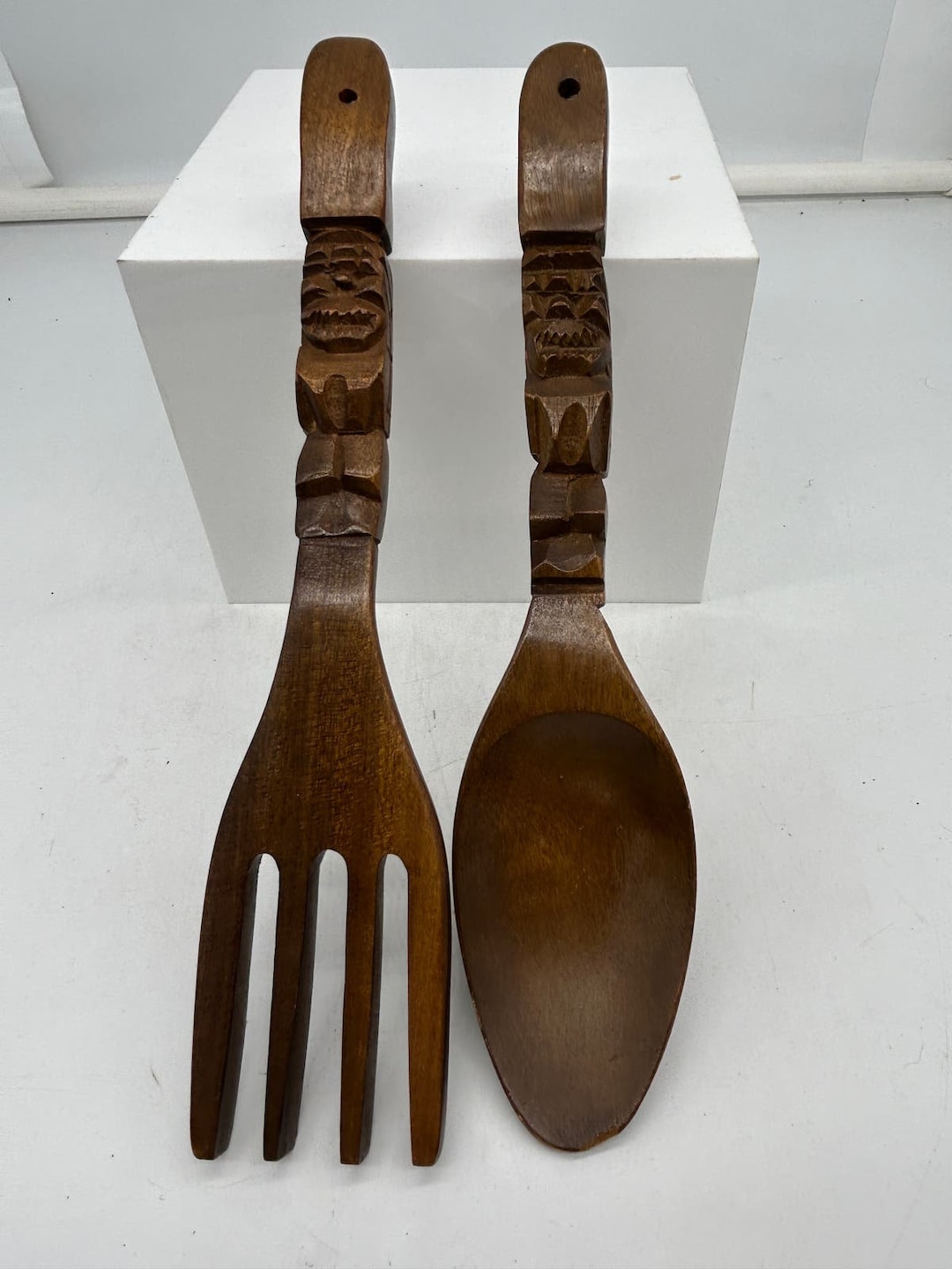 Vintage Tiki Totem Carved Wood Wall Decor Fork and Spoon Made ...