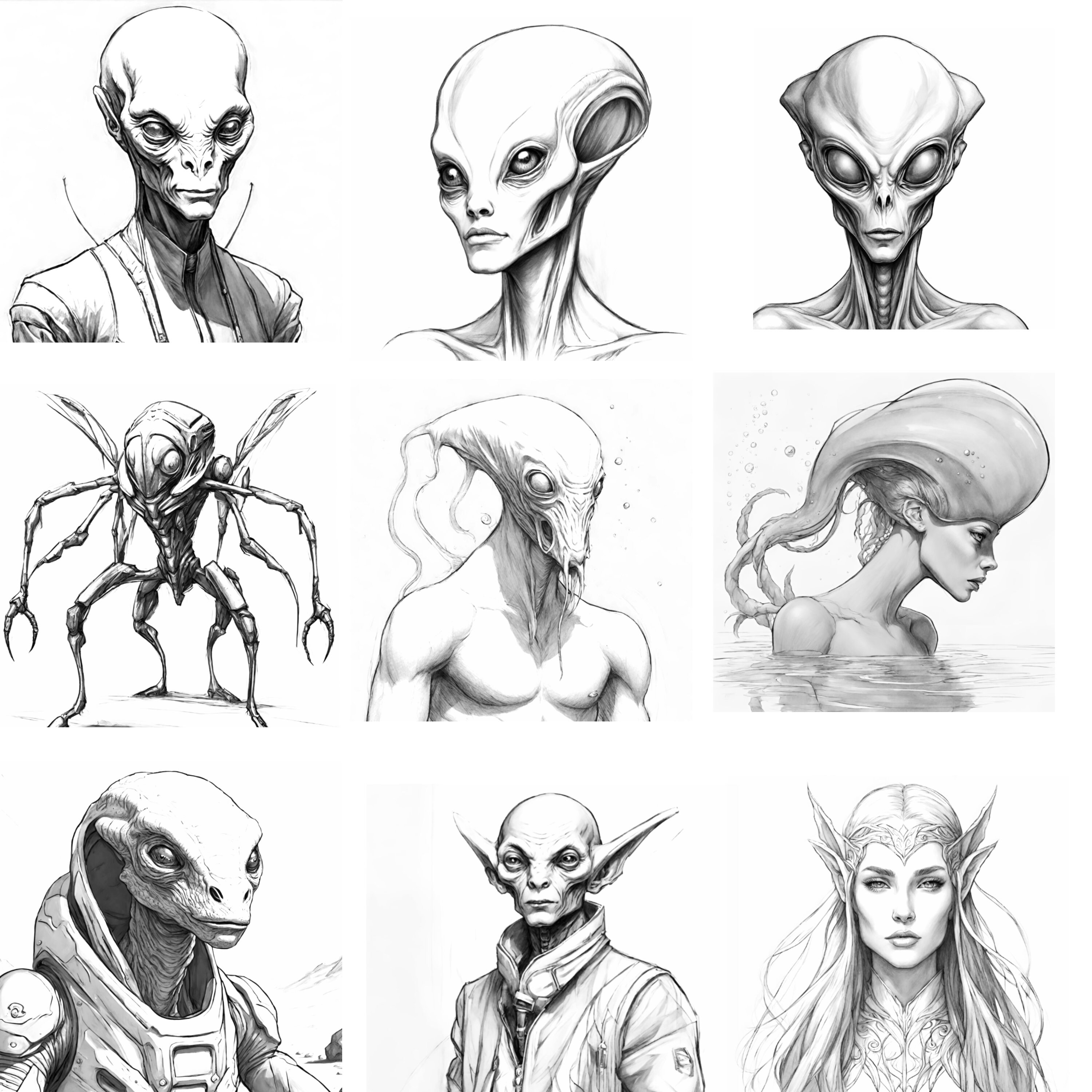 100 Sci-fi Alien Procreate Stamps Greys, Reptilians, Aquatic, Insectoid ...