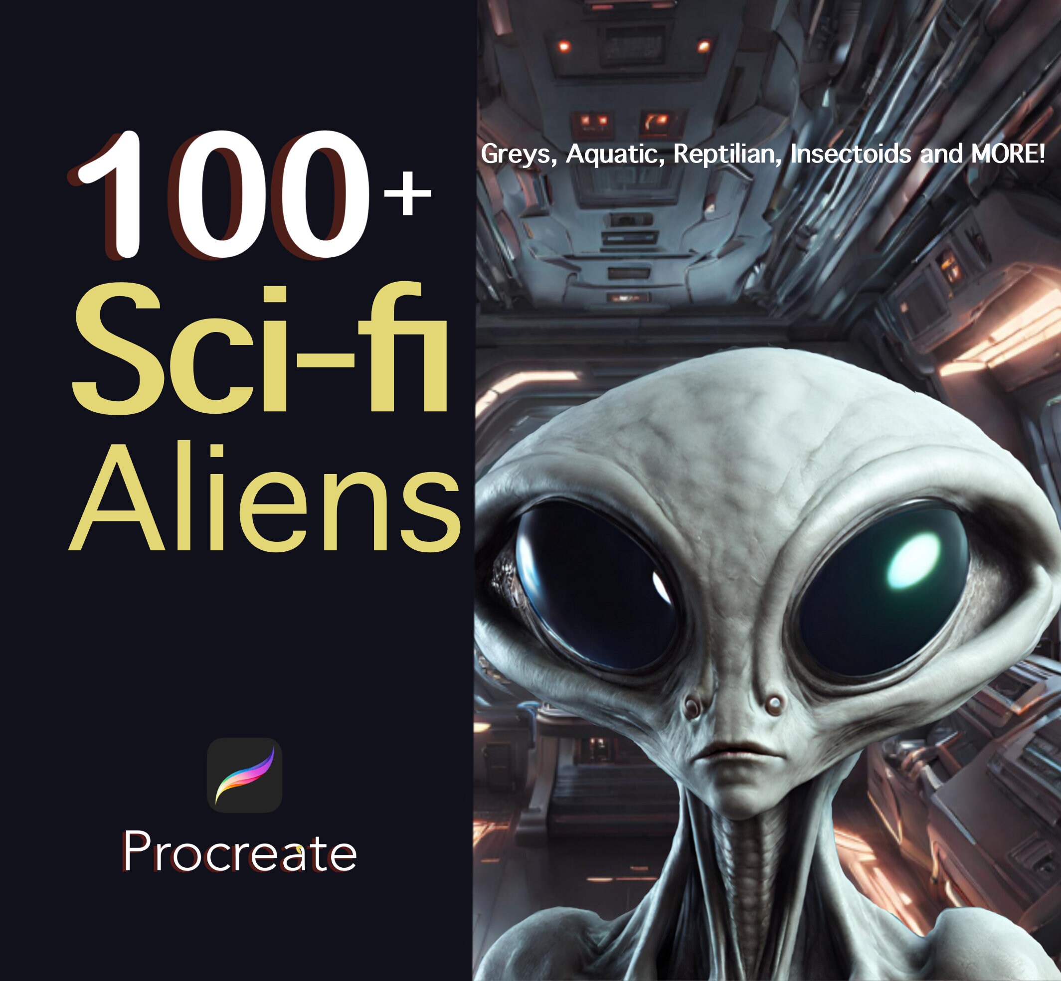 100 Sci-fi Alien Procreate Stamps Greys, Reptilians, Aquatic, Insectoid ...