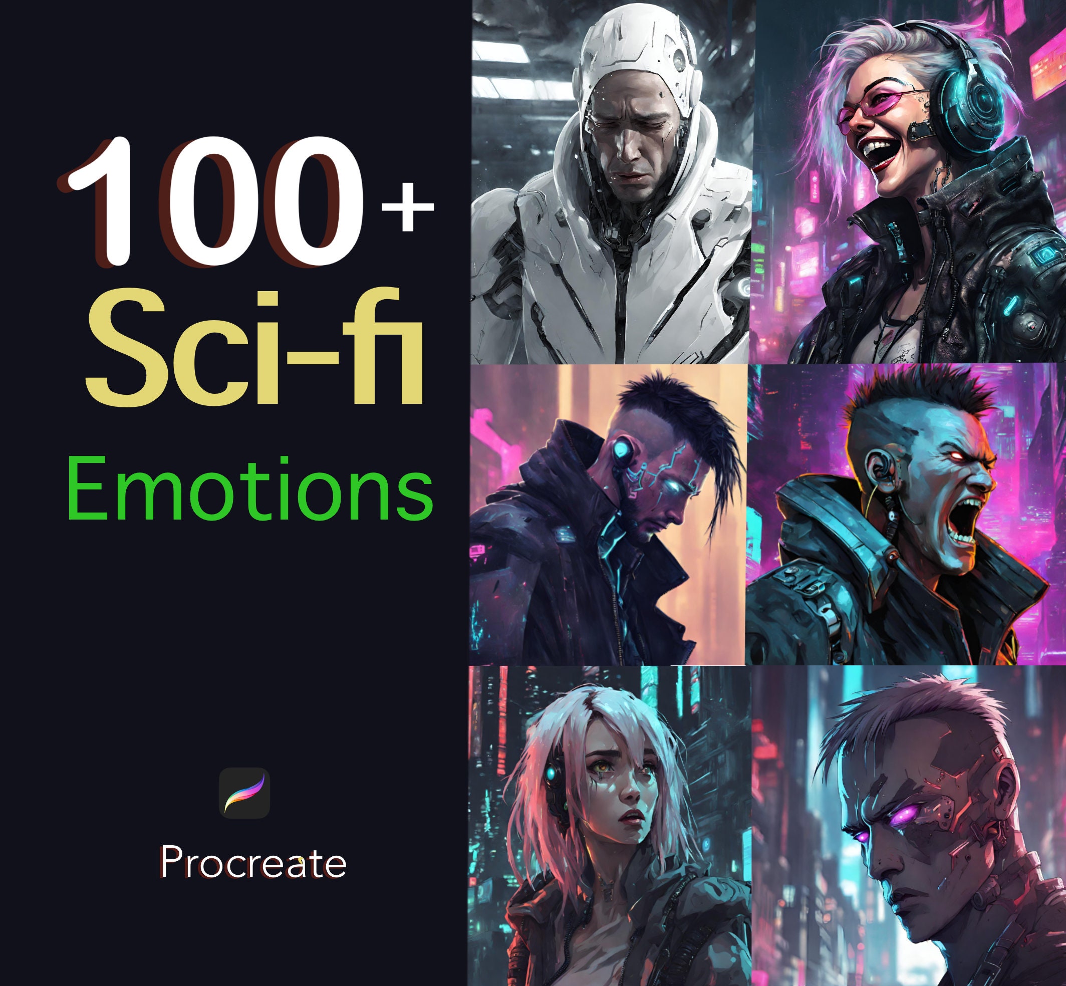 100+ Sci-fi Emotions Procreate Stamps - Emotional Faces - Sad, Angry, Happy, Scared and MORE! - Etsy