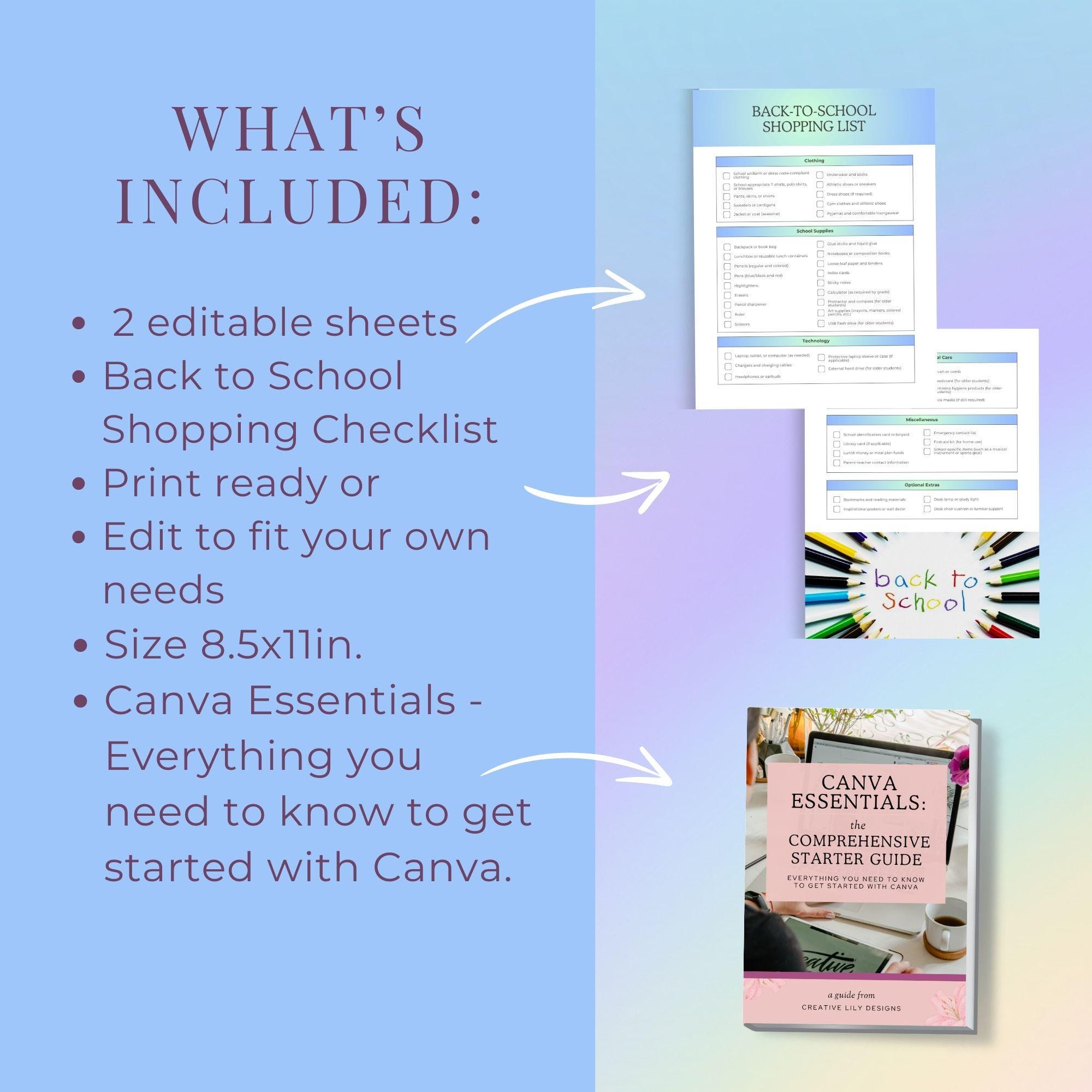 Editable Back to School Shopping List Canva Template, School Supplies ...