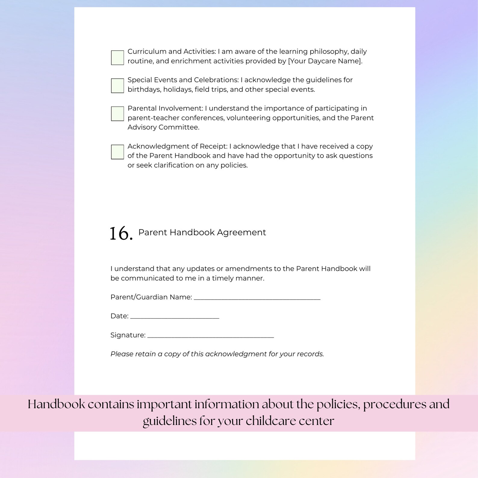 Daycare Parent Handbook, Daycare Contract, in Home Daycare, Childcare ...