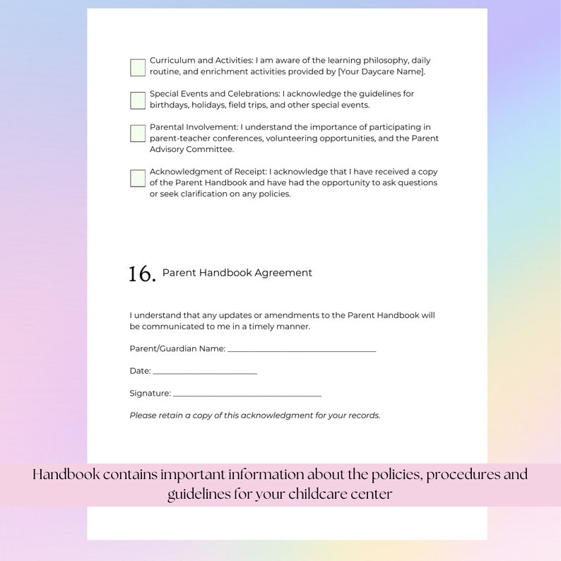 Daycare Parent Handbook, Daycare Contract, in Home Daycare, Childcare ...