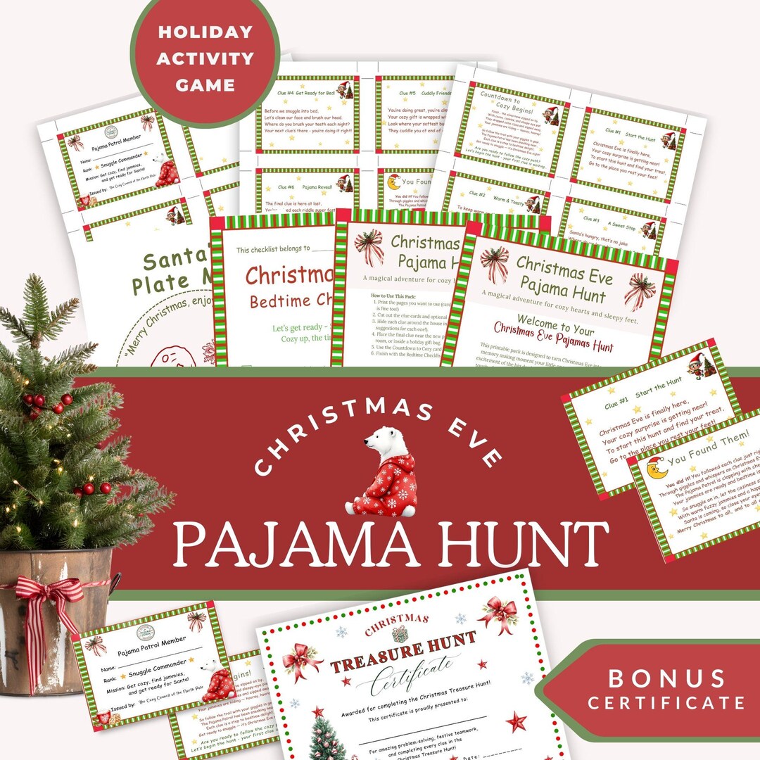 Christmas Eve Pajama Hunt Printable, Kids Scavenger Clue Cards ...