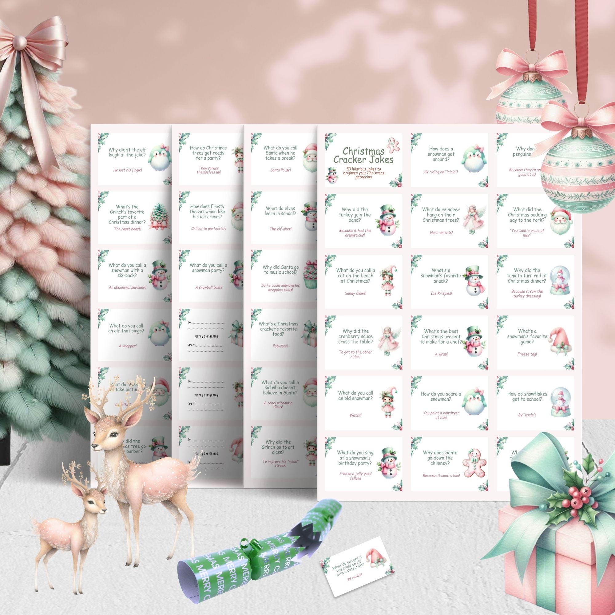 60 Printable Funny Christmas Cracker Jokes, Soft Pink and Green Holiday ...
