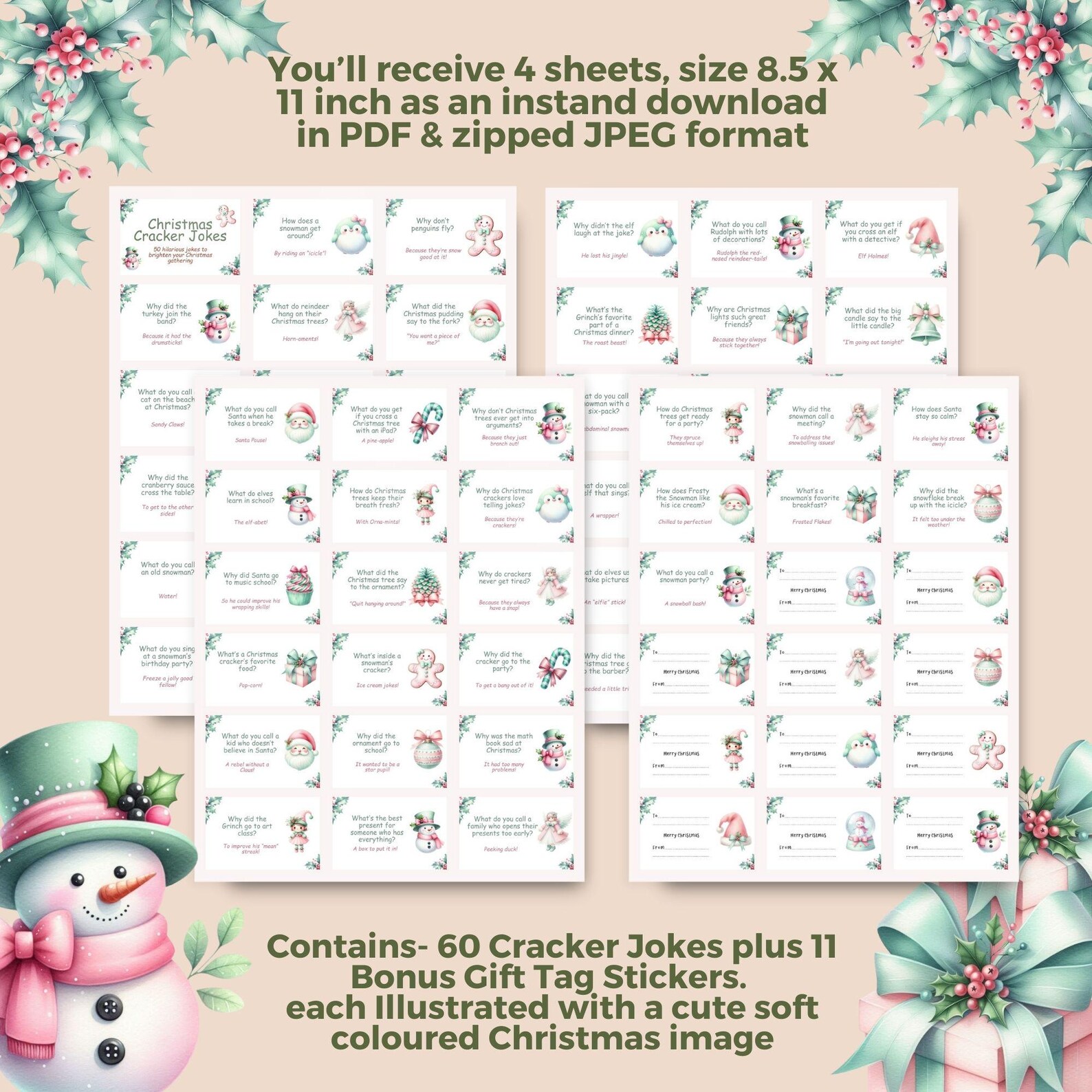 60 Printable Funny Christmas Cracker Jokes, Soft Pink and Green Holiday ...