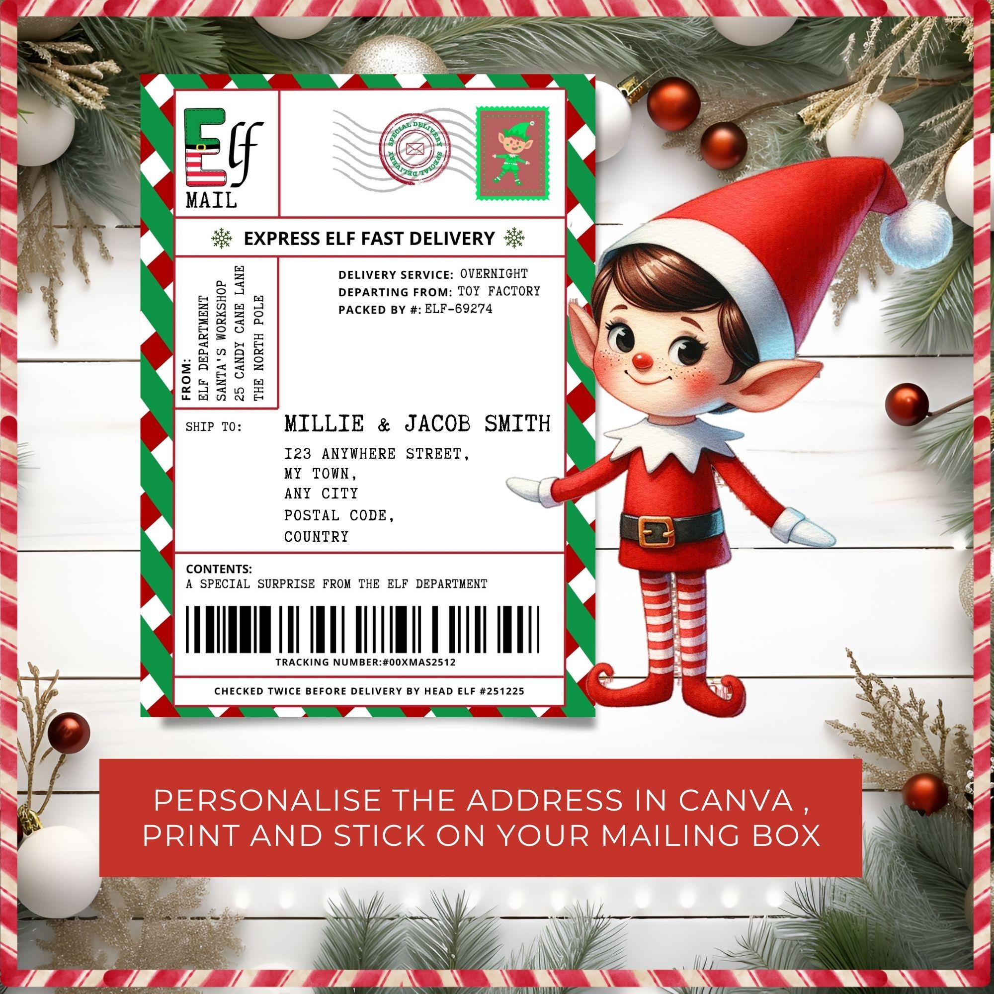 Editable Christmas Elf Shipping Label, Santa Mailing Labels Canva ...