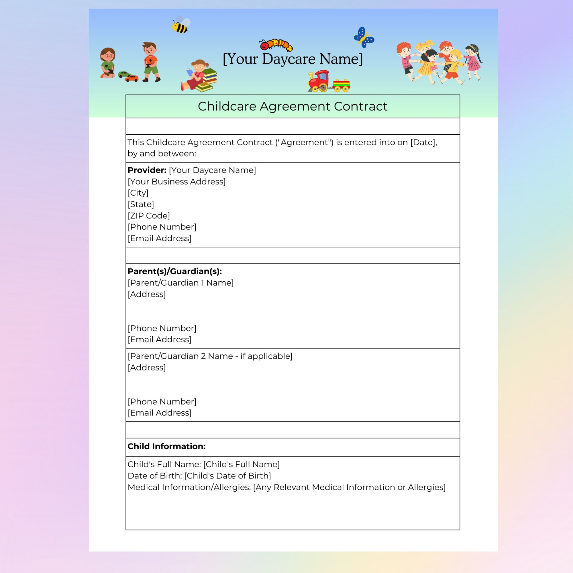 Editable Childcare Agreement Contract Forms for Home Daycare, Pre ...