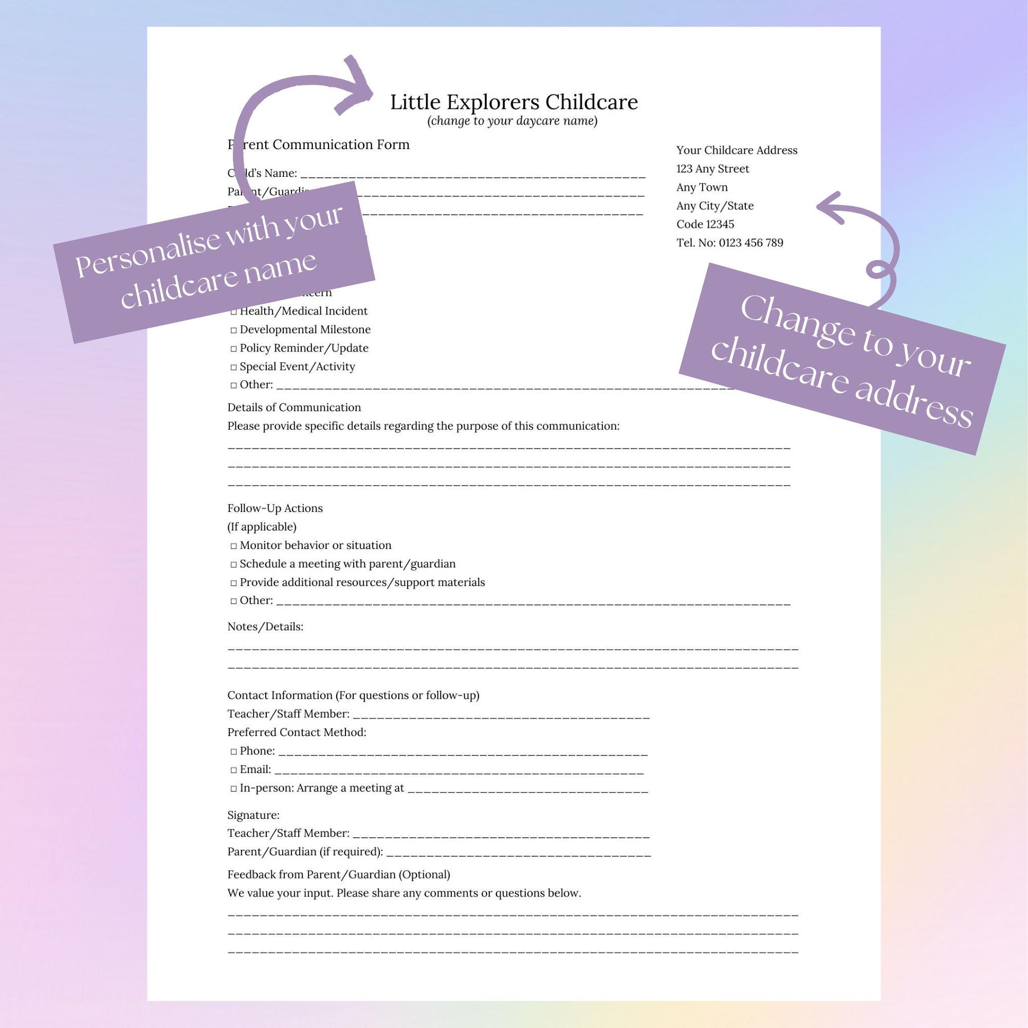 Editable Parent Communication Form for Daycare & Childcare Providers ...