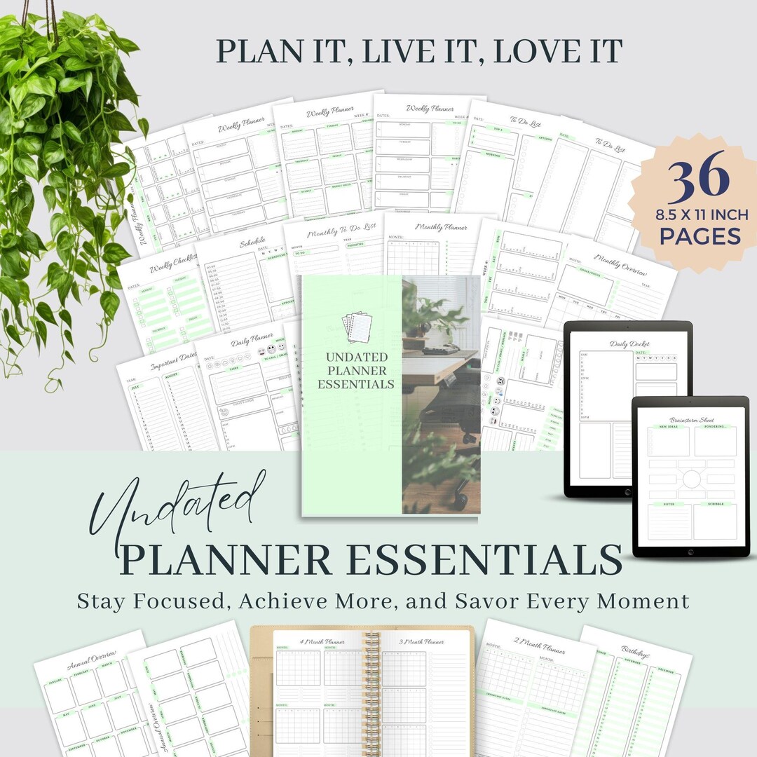 Undated Planner Essentials Pack, Daily Weekly Monthly Yearly Inserts ...
