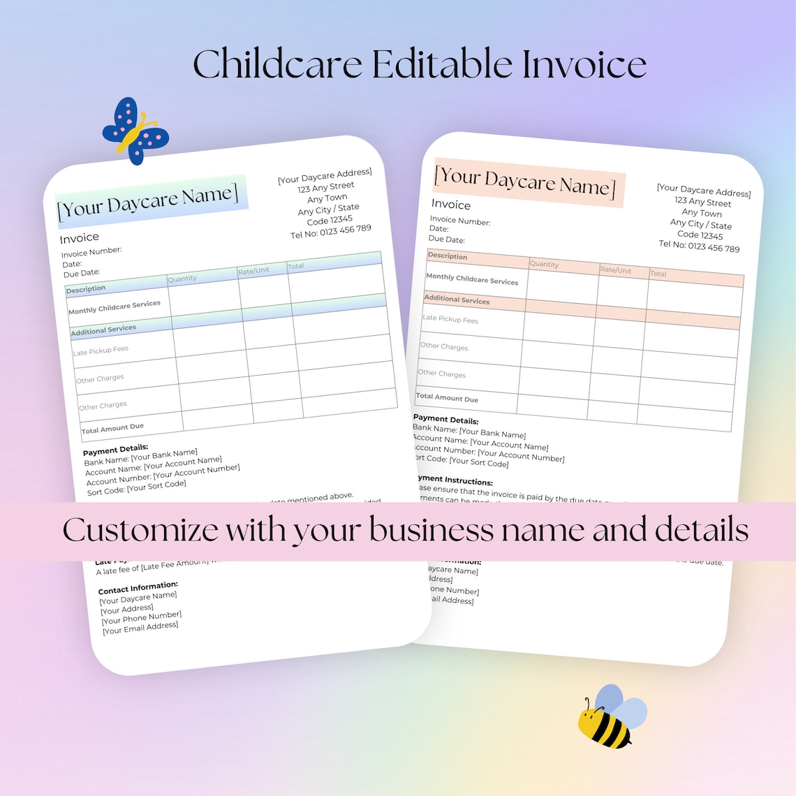 Daycare Services Payment Invoice, Childcare Invoice Editable Template ...