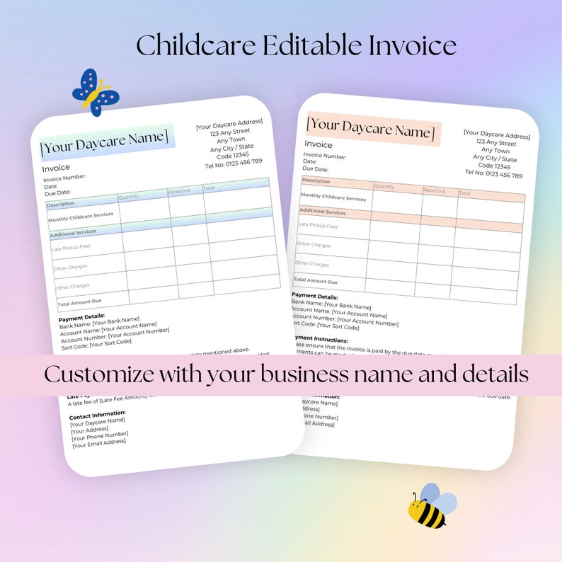 Daycare Services Payment Invoice, Childcare Invoice Editable Template ...