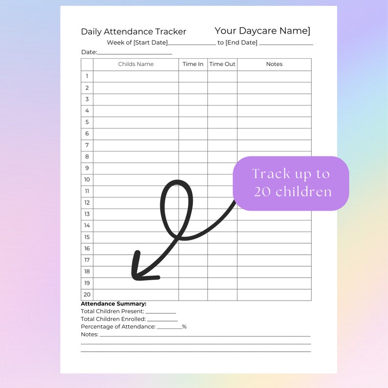 Daycare Attendance Tracker, Child Sign in Sheet Printable, Childcare ...