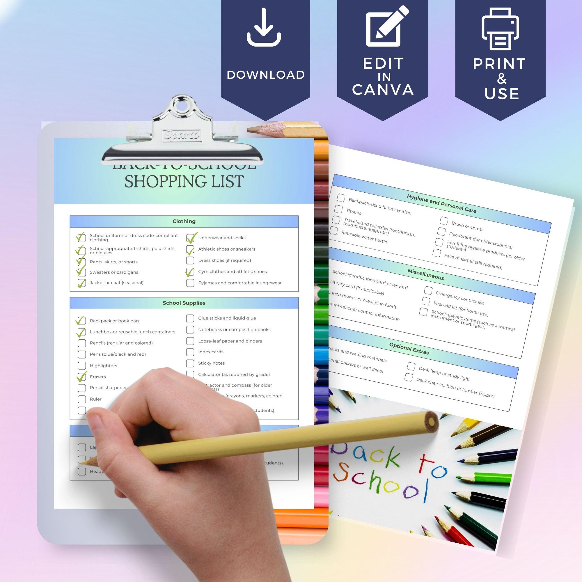 Editable Back to School Shopping List Canva Template, School Supplies ...