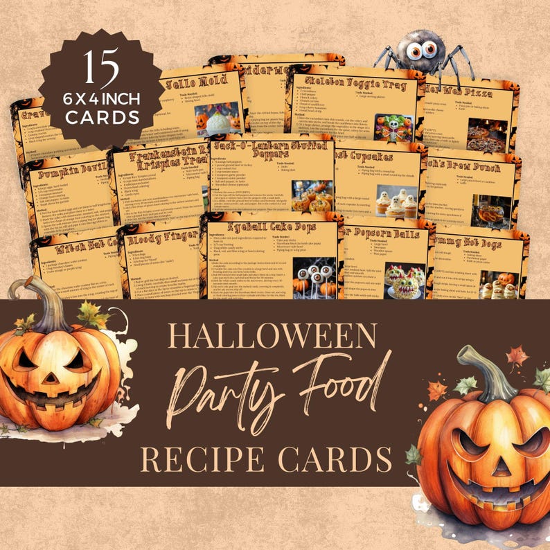 15 Halloween Recipe Cards, 6x4 Inch Spooky Party Recipes, Party Food ...