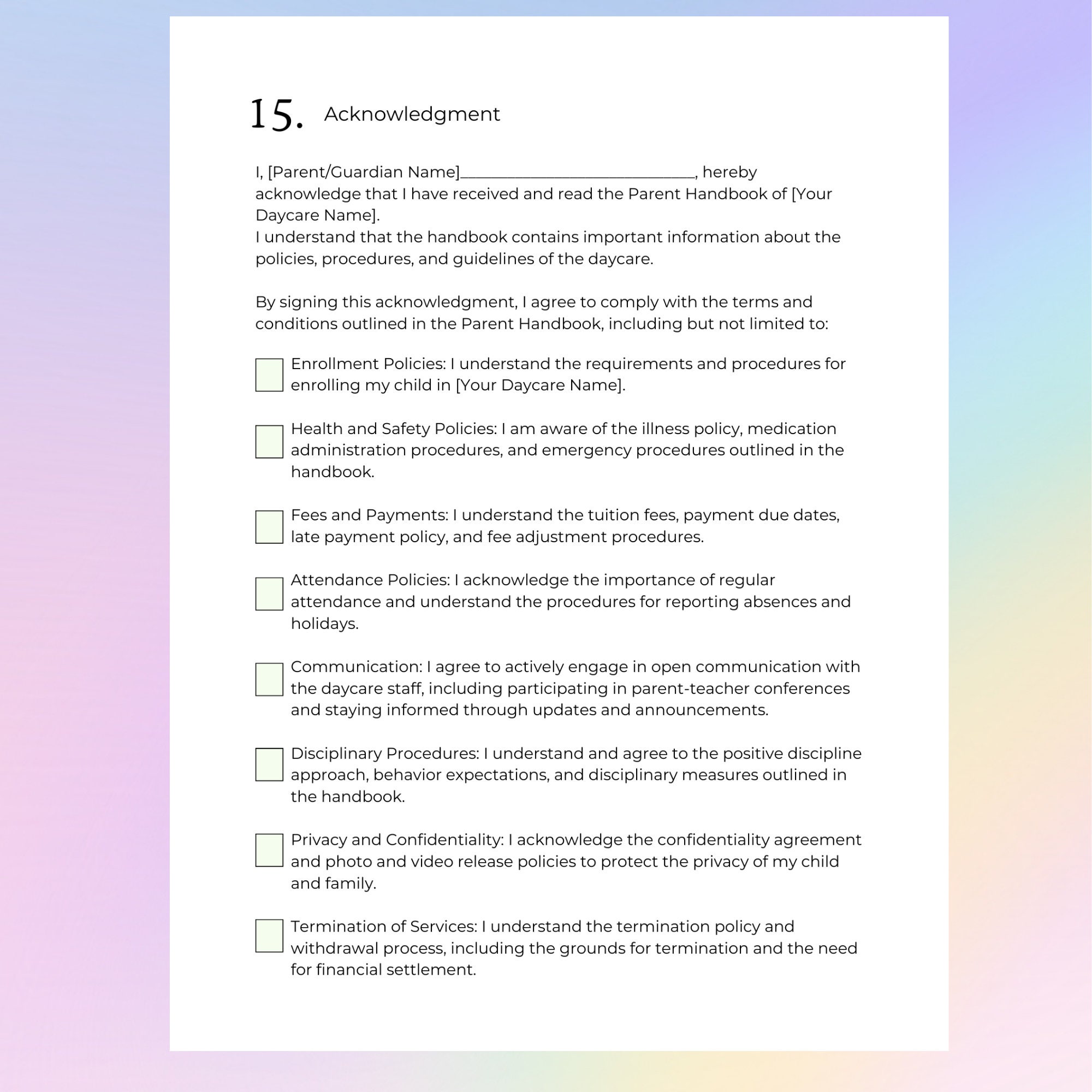 Daycare Parent Handbook, Daycare Contract, in Home Daycare, Childcare ...