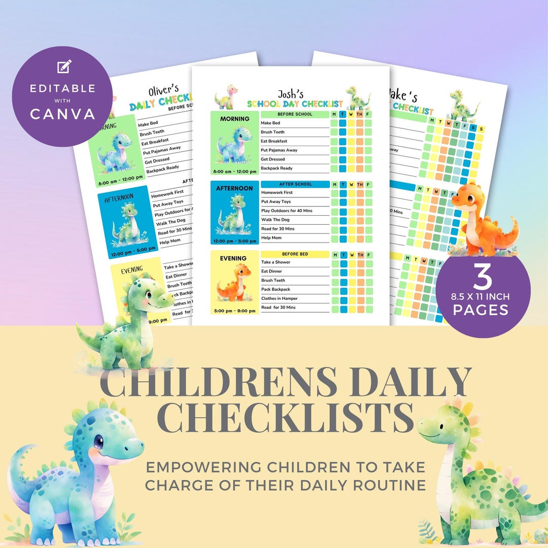 Children's Editable Daily Routine Checklist, Dinosaur Responsibility ...
