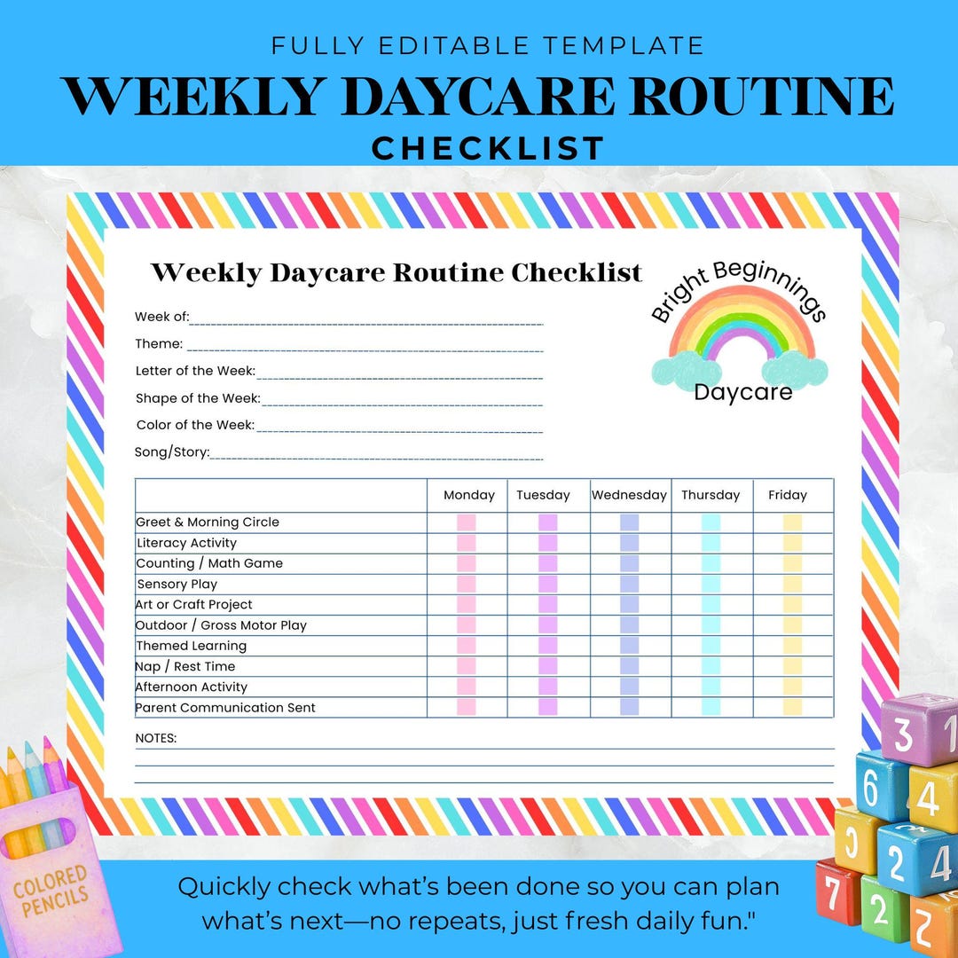 Childcare Weekly Routine Checklist Template, Daycare Schedule ...
